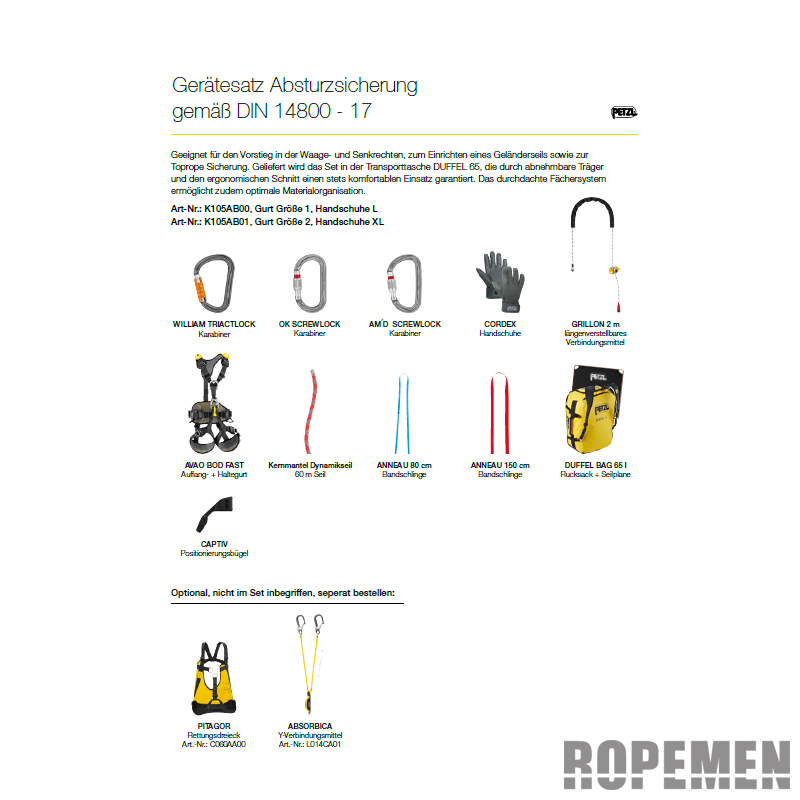 Petzl GERÄTESATZ Absturzsicherung DIN 14800-17 für Feuerwehren mit Ha ...